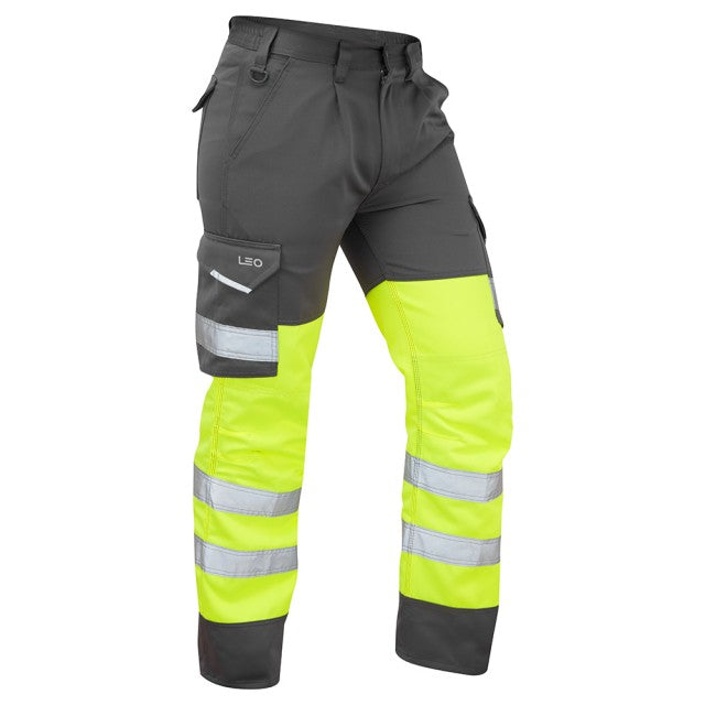 LEO BIDEFORD ISO 20471 CLASS 1 HI VIZ CARGO WORK TROUSER YELLOW - GREY ...